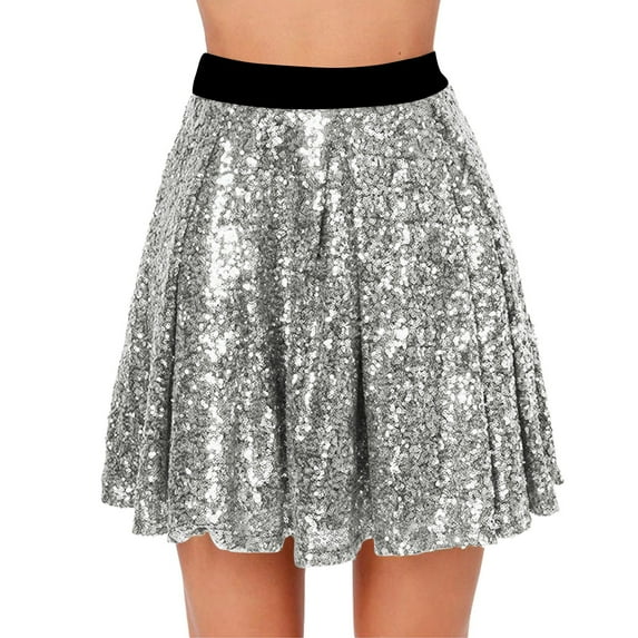 Bibifish Womens Skirts Solid Color Sequin Pleated Skirts Elastic Waist ...