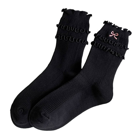 Bibifish Womens Socks Black Knitted Double Ruffled Pink Bow Embroidery ...