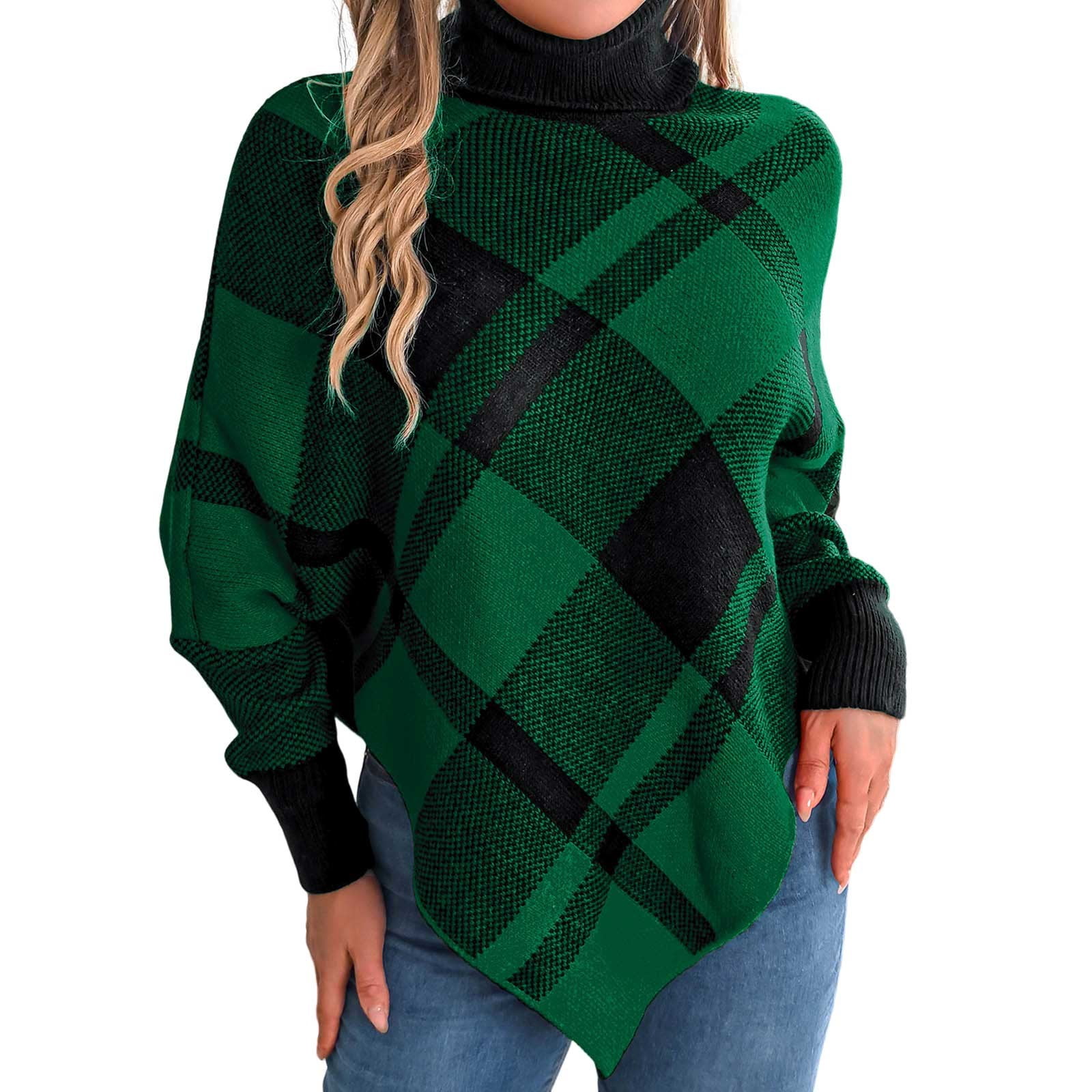 Bibifish Womens Sweaters Casual Plaid Pattern High Neck Poncho Long ...
