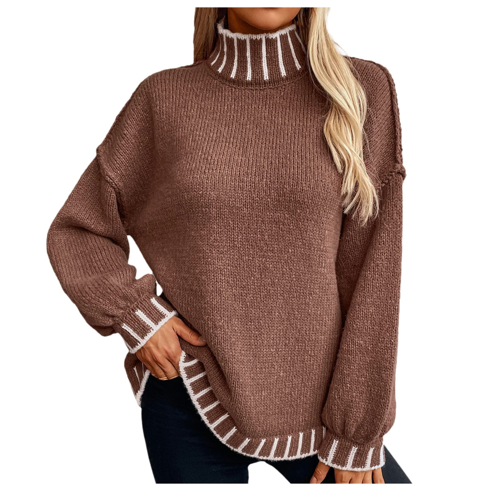Bibifish Womens Sweaters Comfy Striped High Neck Sweaters Long Sleeve ...
