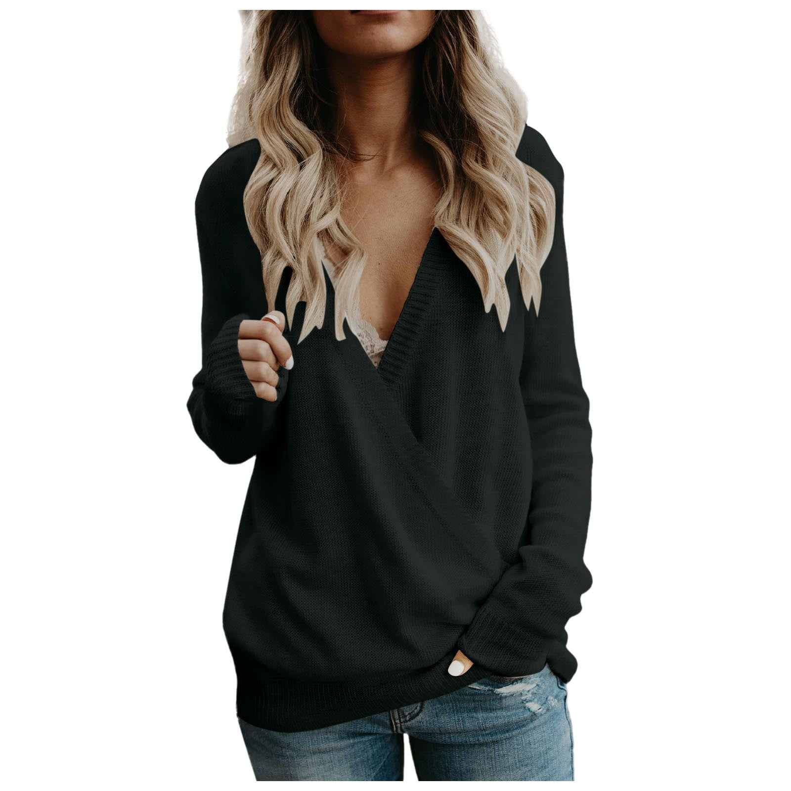 Bibifish Womens Sweaters Deep V Neck Long Sleeve Wrap Sweaters Loose ...