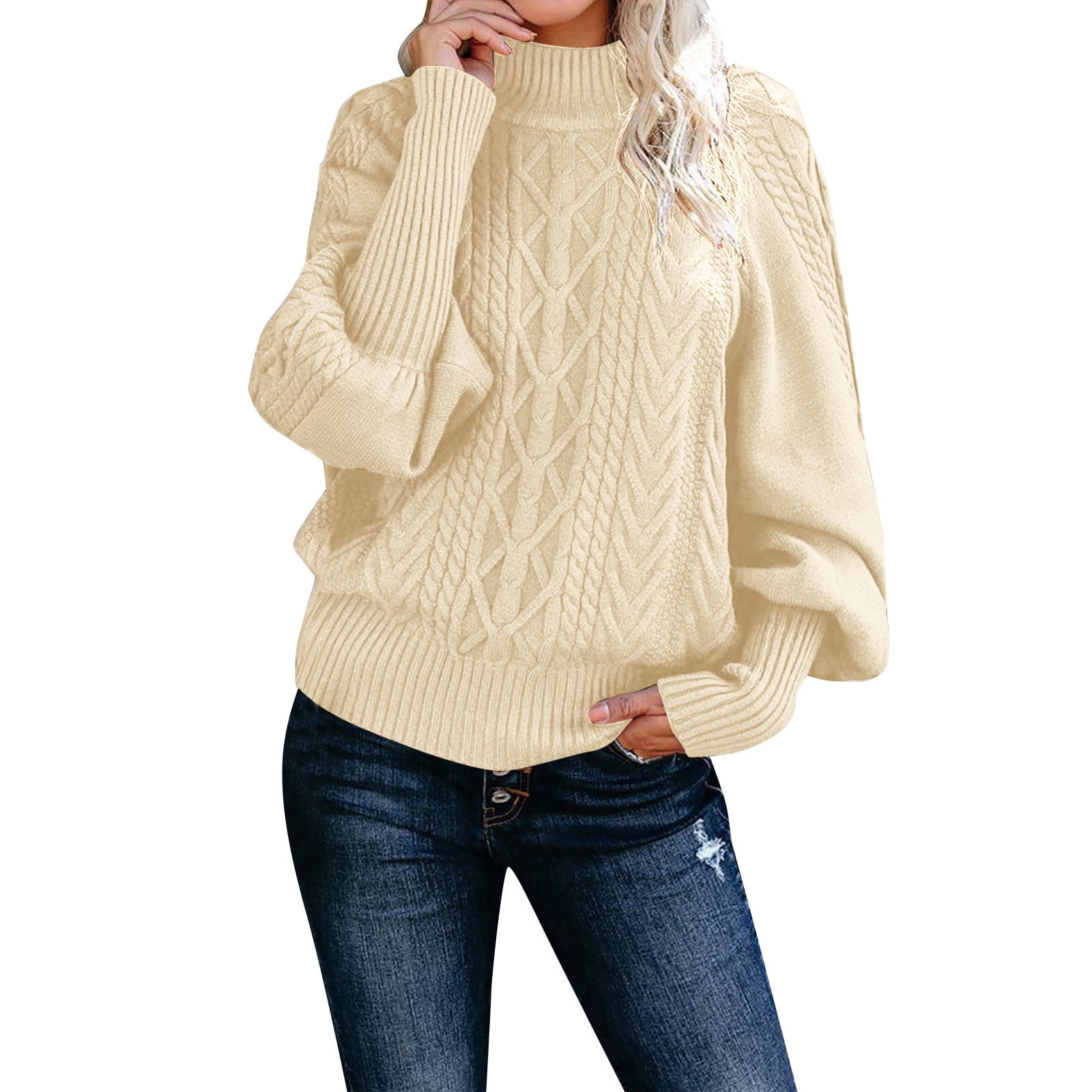 Bibifish Womens Sweaters Solid Cable Knitted High Neck Long Sleeve ...