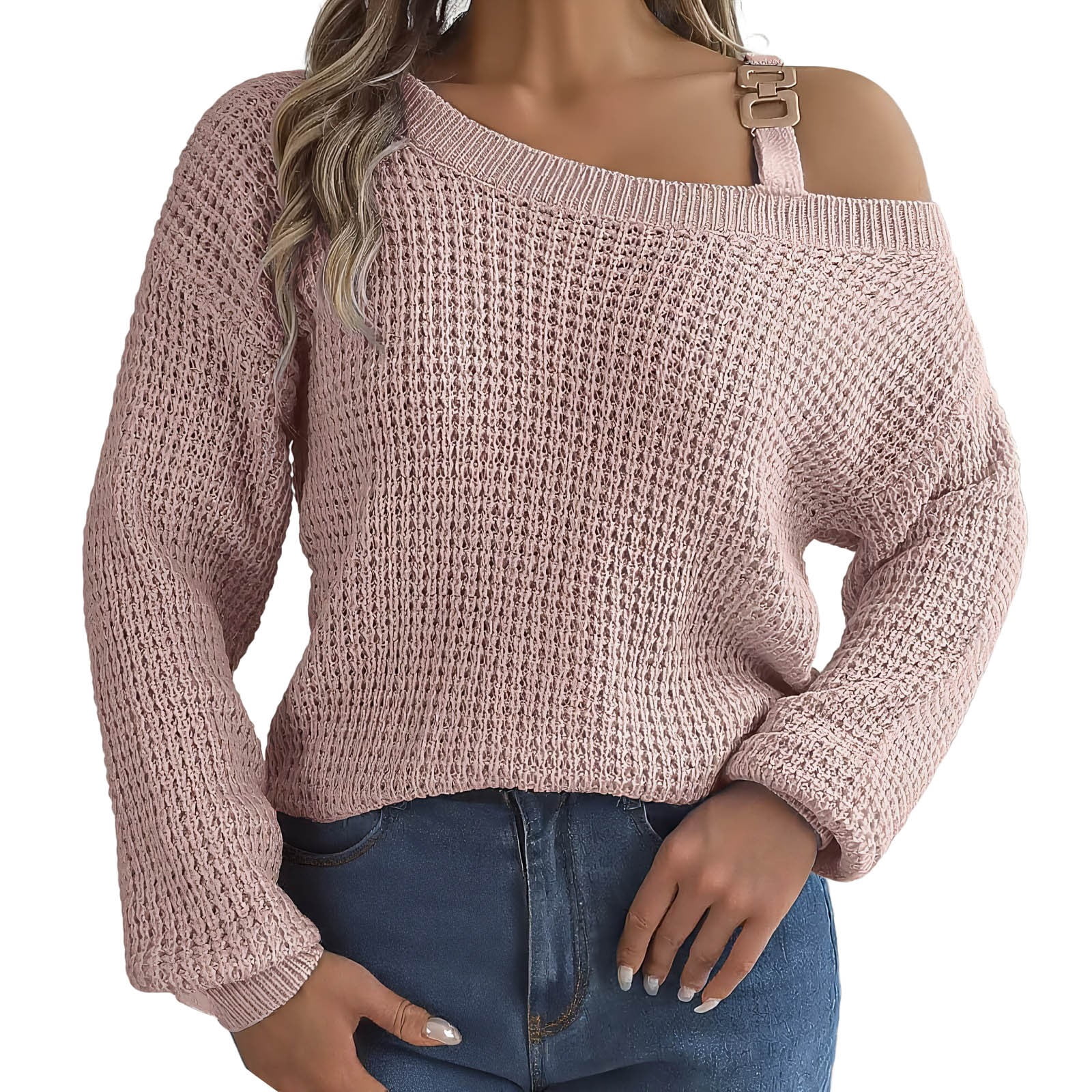 Bibifish Womens Sweaters Trendy Metal Buckle Strap Cold Shoulder ...
