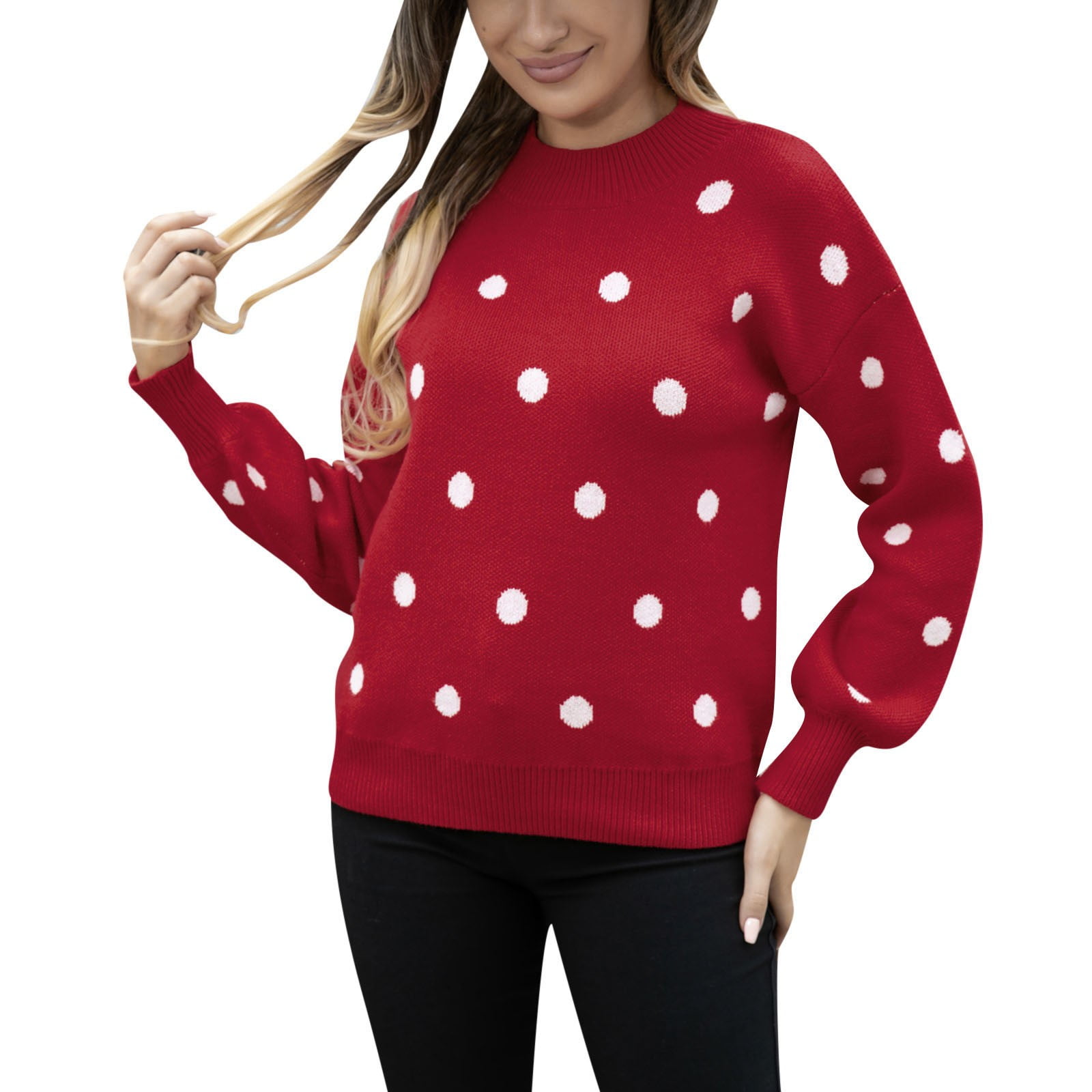 Bibifish Womens Sweaters Trendy Polka Dot Printed Casual Long Sleeve ...
