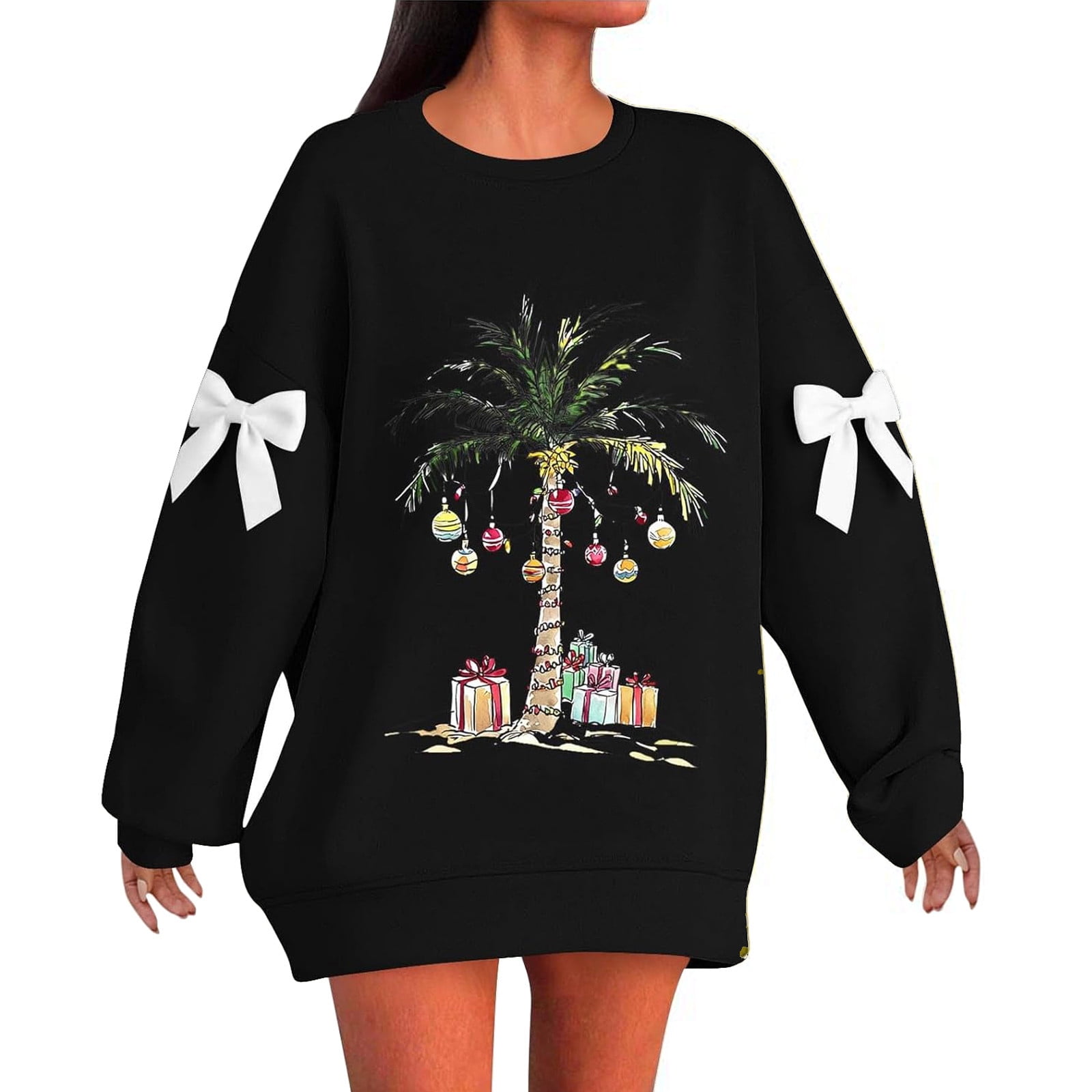 Bibifish Womens Sweatshirt Brown Tree Christmas Print Sweatshirt Ribbon ...