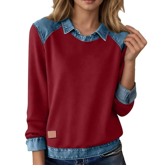 Bibifish Womens Sweatshirts Black Denim Patchwork Hooded Pullover Tops ...