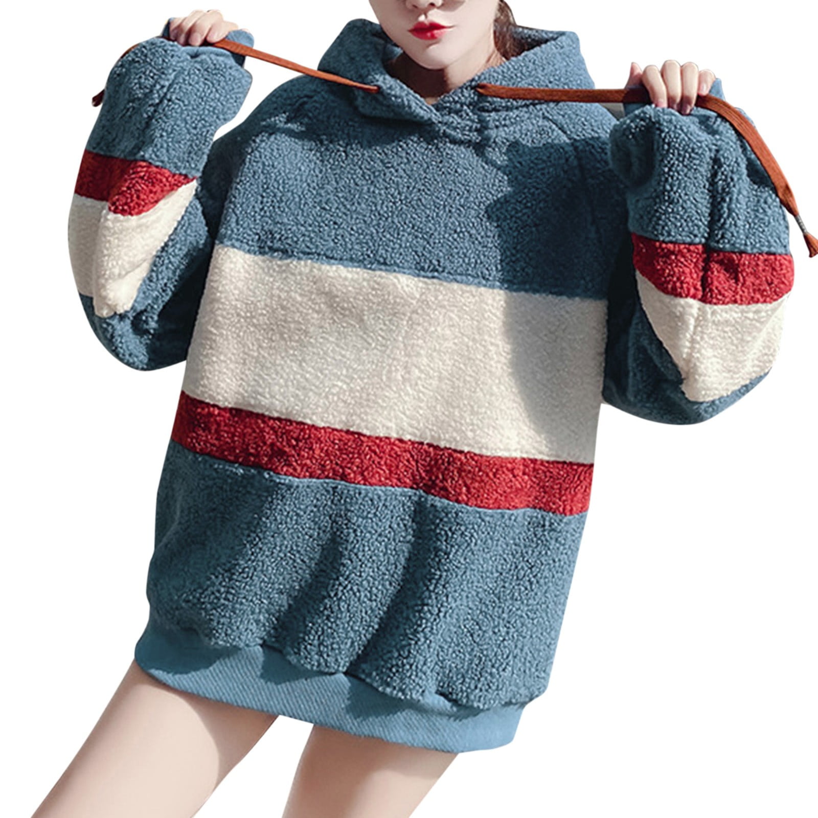 Bibifish Womens Sweatshirts Blue Color Block Patchwork Hooded ...