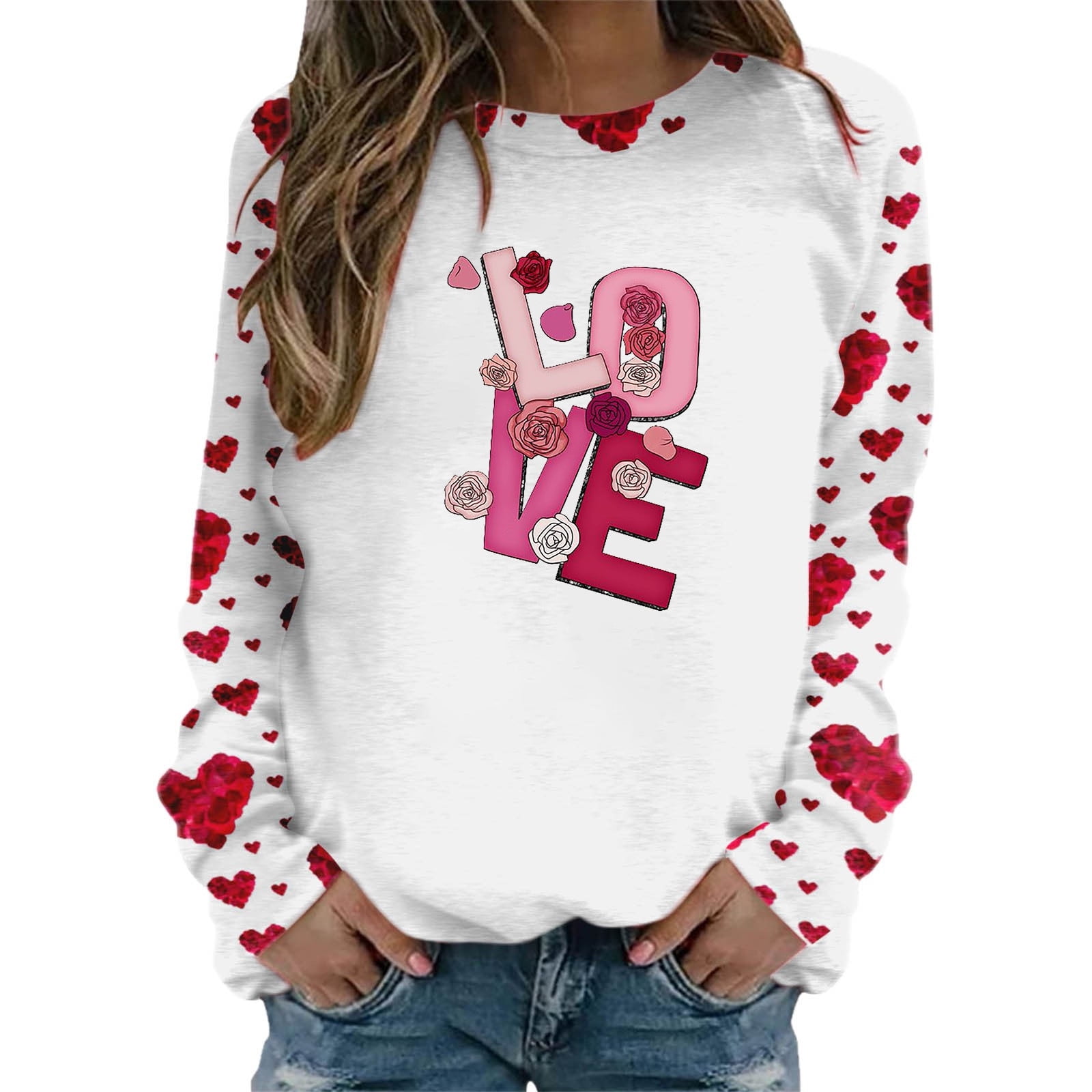 Bibifish Womens Sweatshirts Casual Valentine's Day Foral & Letter Print ...
