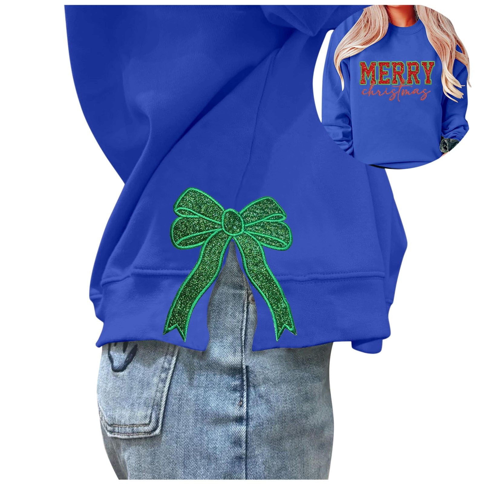 Bibifish Womens Sweatshirts Glitter Bow Embroidered Merry Christmas ...