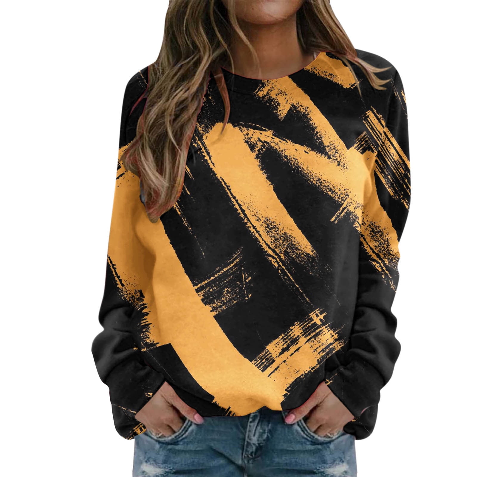 Bibifish Womens Sweatshirts Gradient Color Block Print Crewneck Long ...