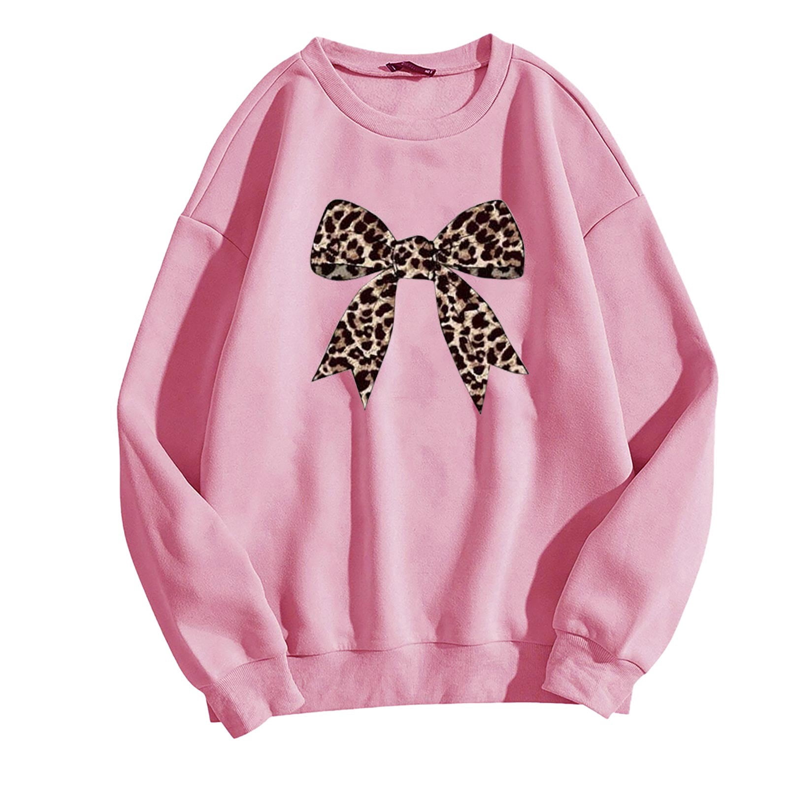 Bibifish Womens Sweatshirts Leopard Bow Graphic Crewneck Sweatshirts ...