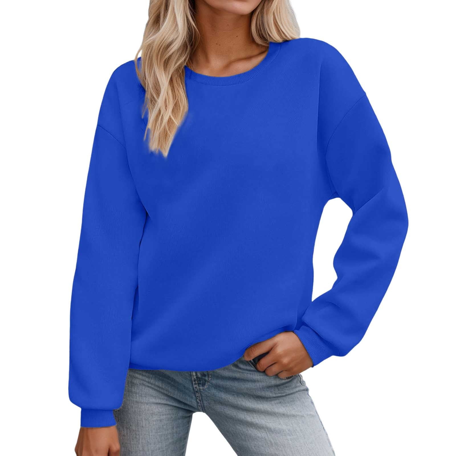 Bibifish Womens Sweatshirts Royal Blue Crew Neck Solid Color Soft ...