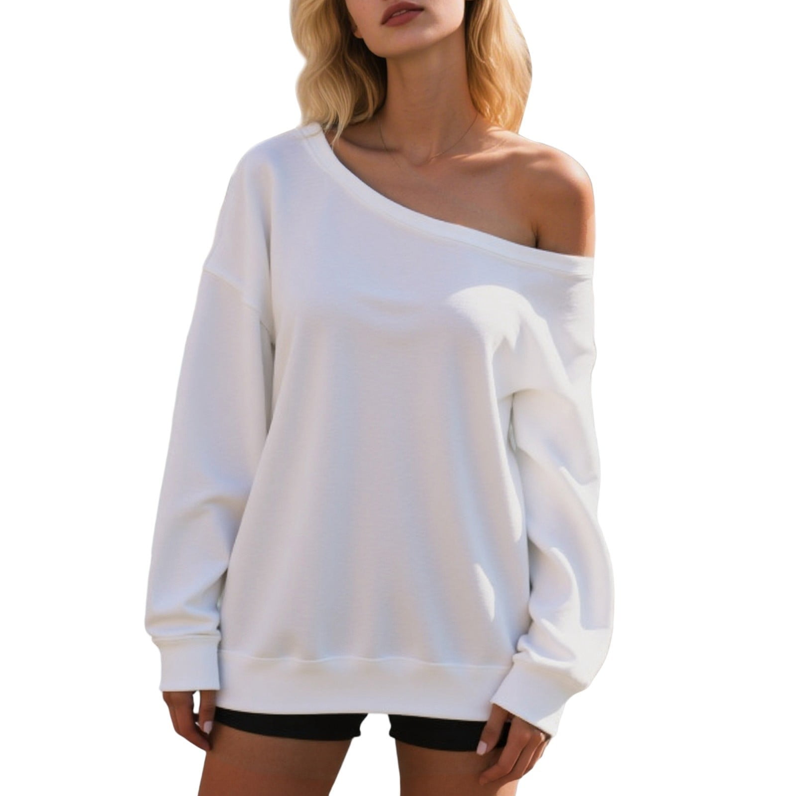 Bibifish Womens Sweatshirts Solid Color Off-The-Shoulder Loose Fit Sweatshirts Soft Casual Sping ...