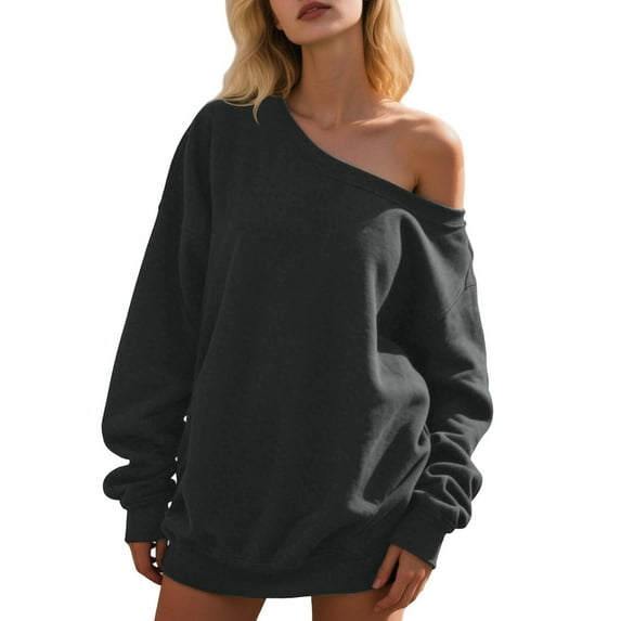 Bibifish Womens Sweatshirts Solid Color Off-The-Shoulder Loose Fit ...
