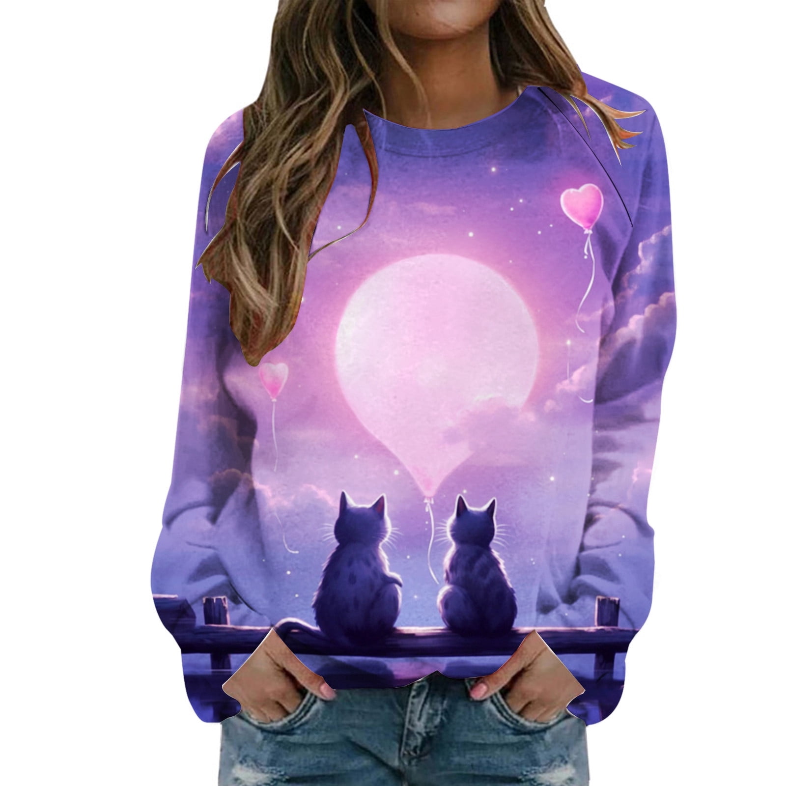 Bibifish Womens Sweatshirts Valentines Day Cat Print Round Neck Spring ...