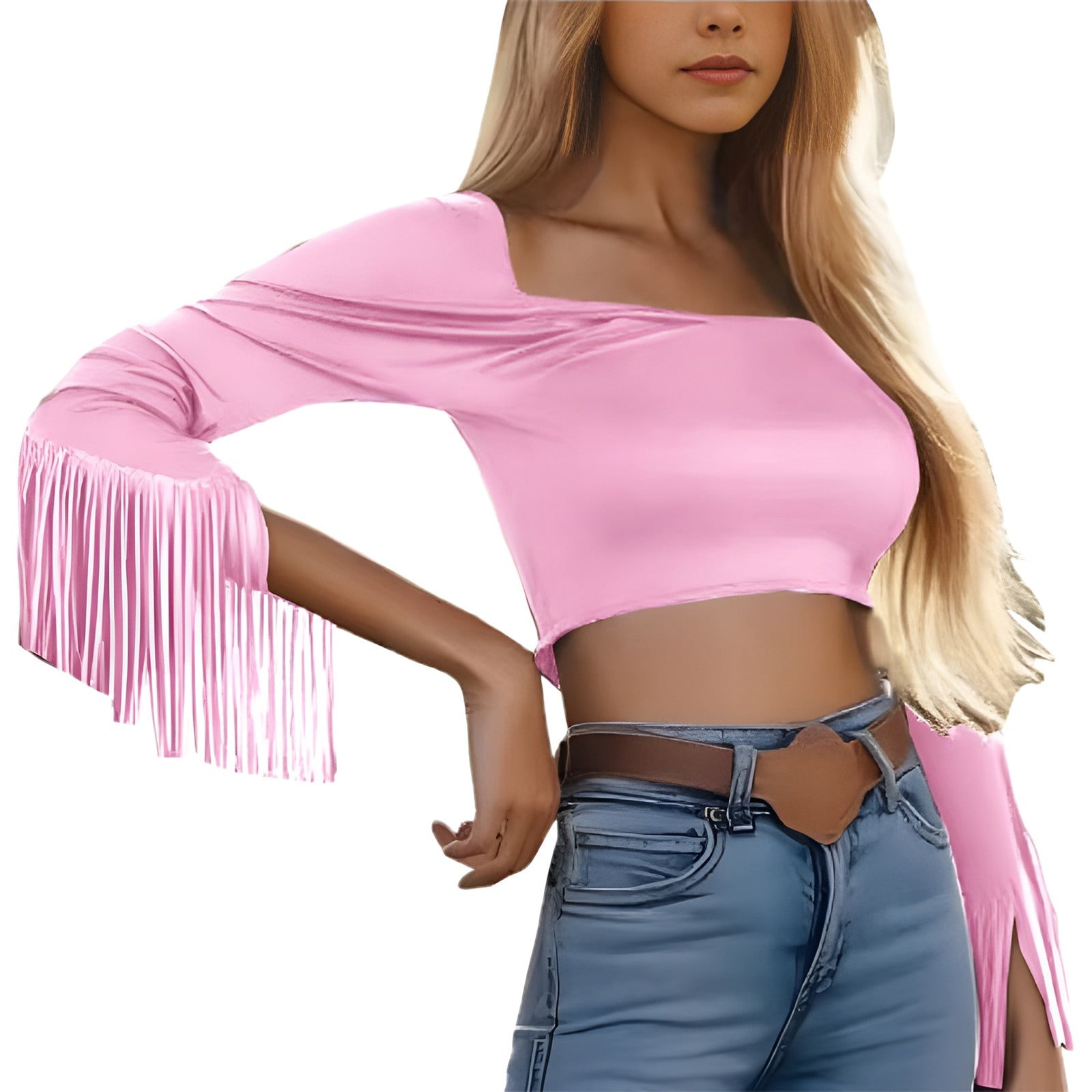 Bibifish Womens T-Shirt Black Off-The-Shoulder Long Sleeve Fringe Trim ...