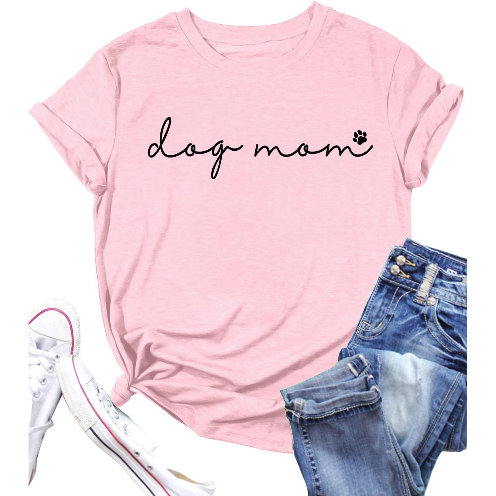 Bibifish Womens T-Shirt Pink Dog Mom Paw Print Graphic Print Short ...
