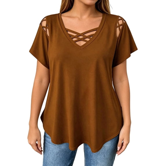 Bibifish Womens T Shirt V Neck Short Sleeve Loose Fit cross strap ...