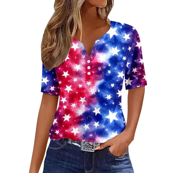 Bibifish Womens T-Shirts Independence Day Print V-Neck Half Button Tee ...