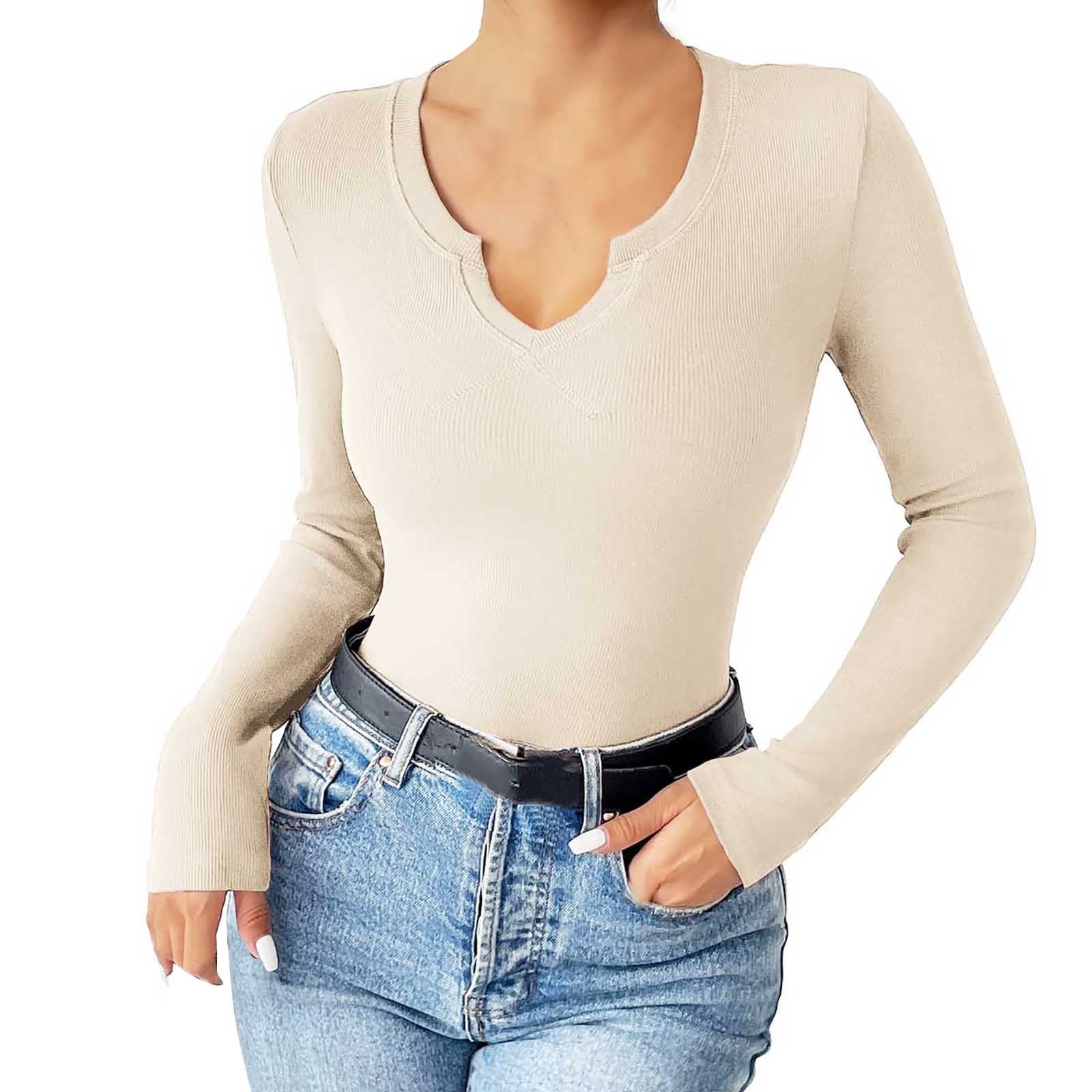 Bibifish Womens T-Shirts Notch Neck Long Sleeve Ribbed Knit Basic Tees ...