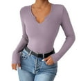 Bibifish Womens T-Shirts Notch Neck Long Sleeve Ribbed Knit Basic Tees ...