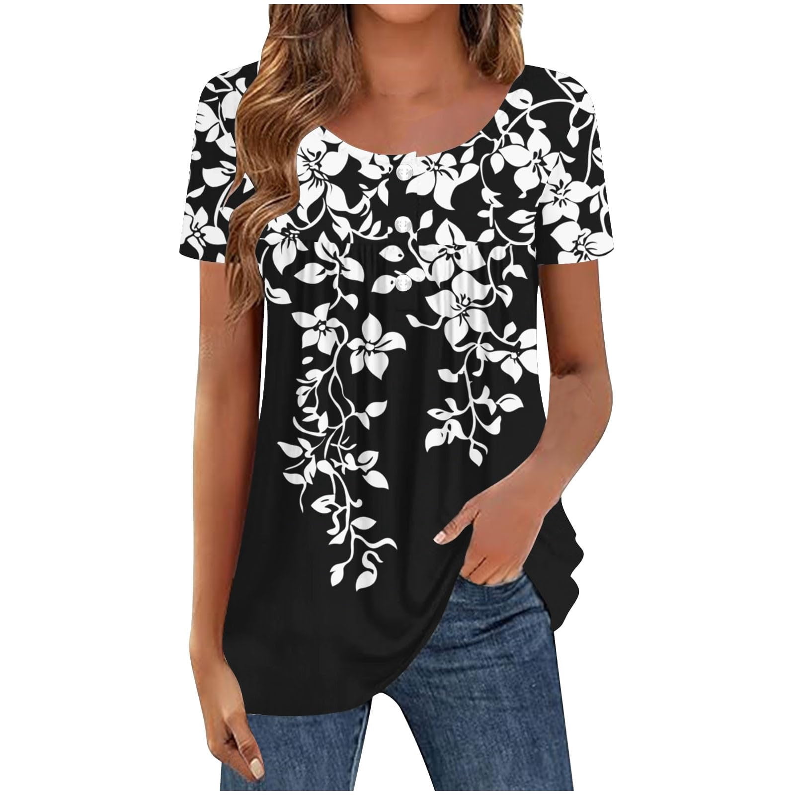 Bibifish Womens Tee Tops Casual Floral Printed Short Sleeve Button Down ...