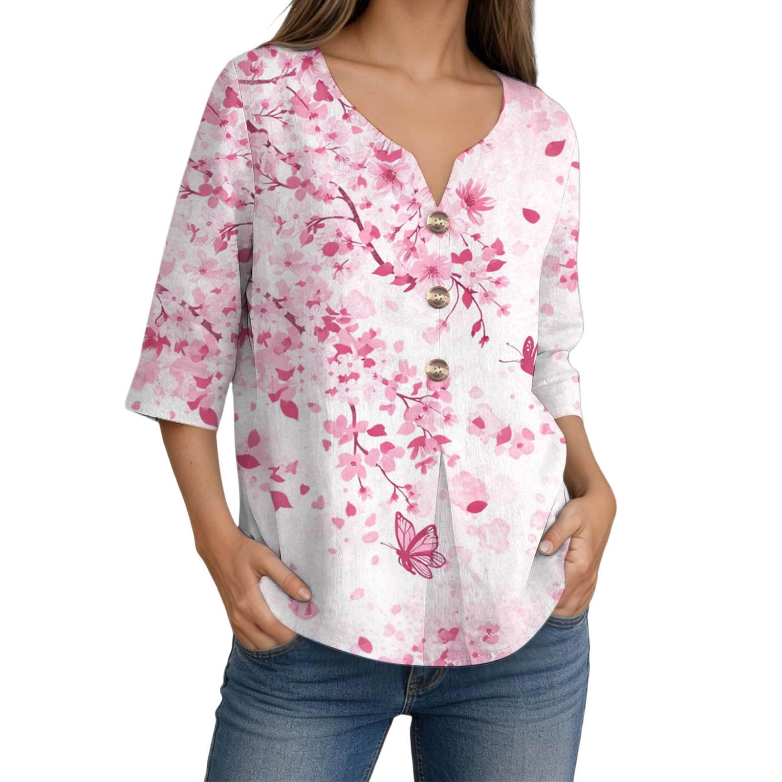 Bibifish Womens Tee Tops Fashion Linen Button Floral Print Soft Comfy ...