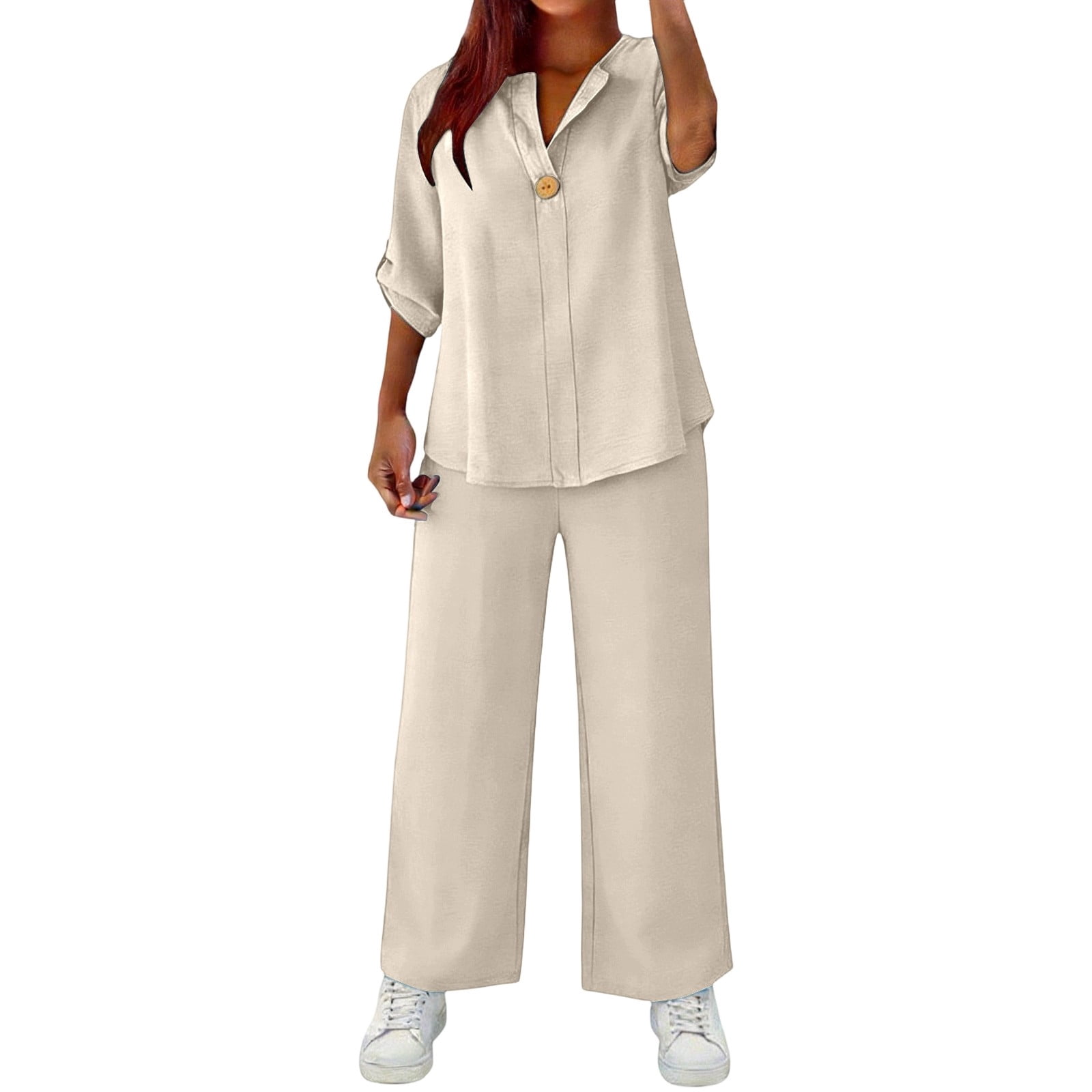 Bibifish Womens Two Piece Sets Blouses Wide Leg Pants Roll Tab Sleeve ...