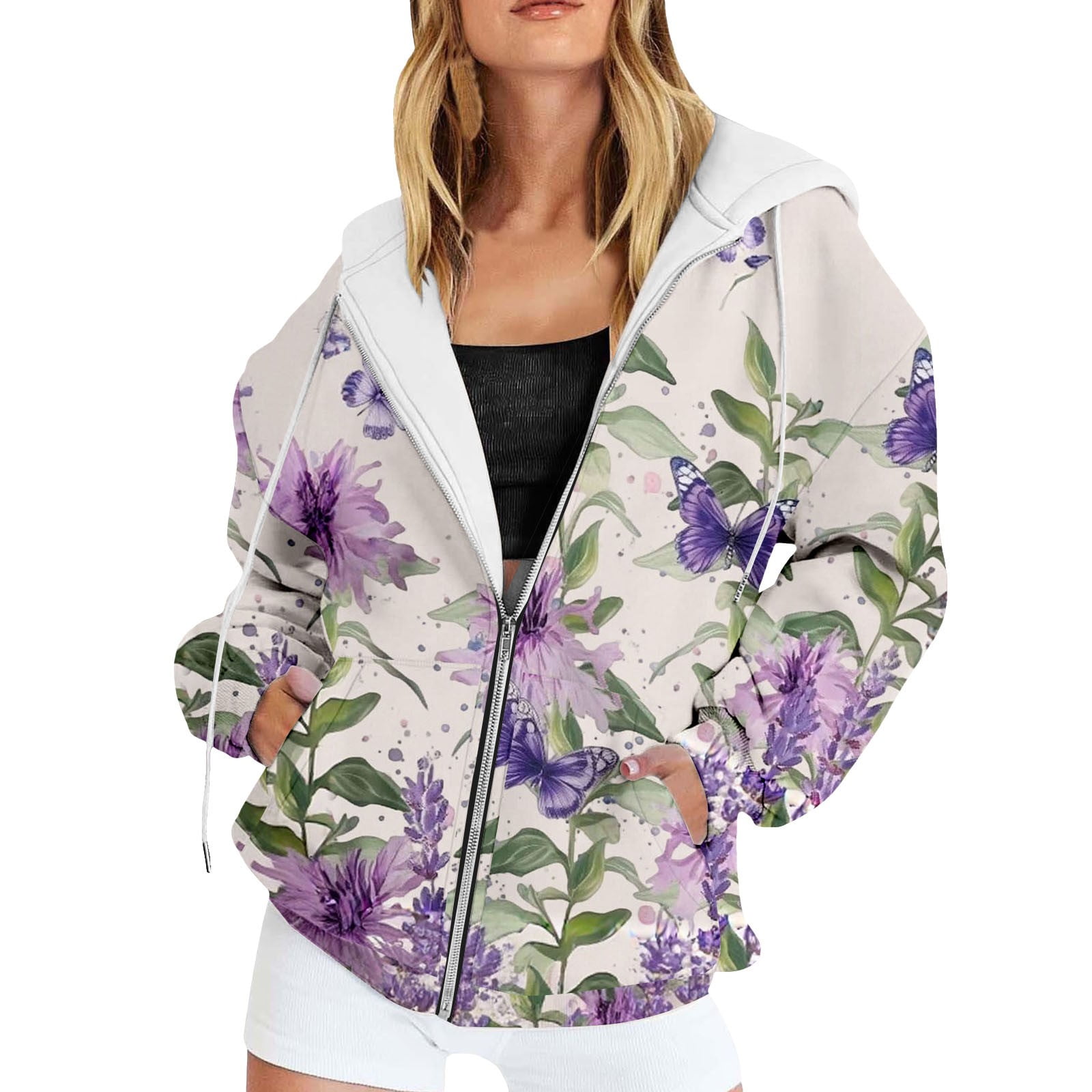 Bibifish Womens Watercolor Lavender Butterfly Print Full Zip Hoodies ...