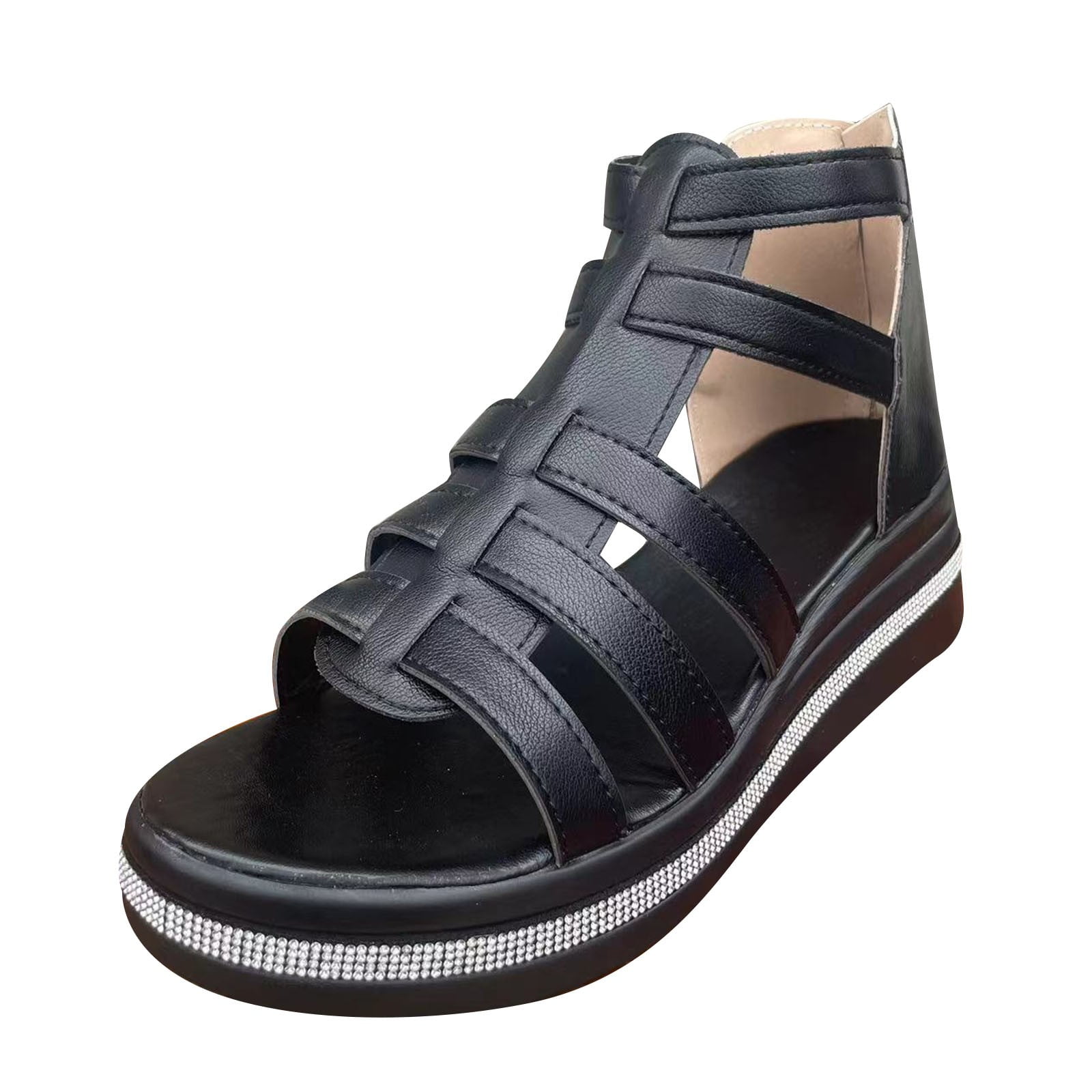 Bibifish Womens Wedge Sandals High Ankle Multi Strap Rhinestone Trim ...