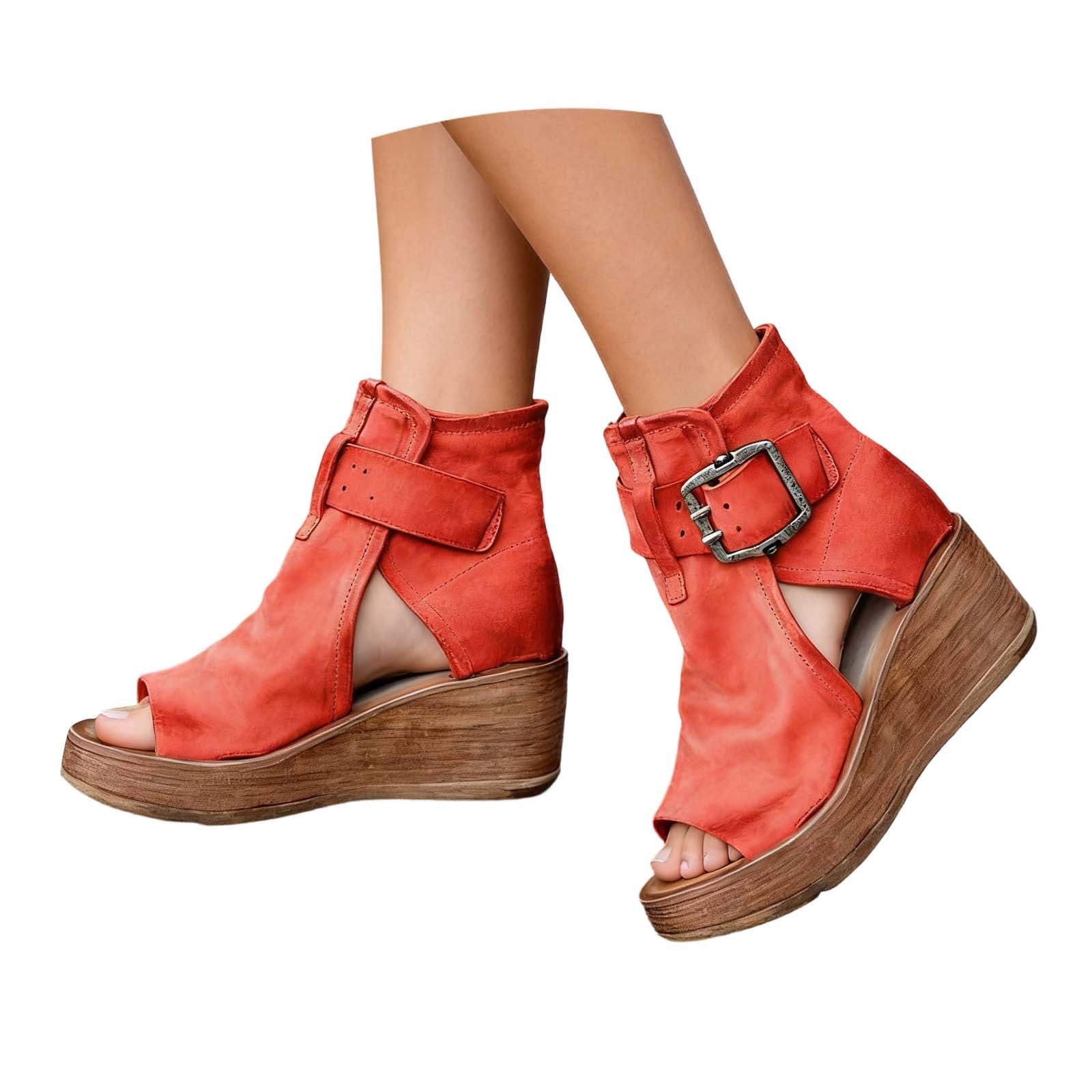 Bibifish Womens Wedge Sandals Open Toe Ankle Buckle Suede Wooden ...