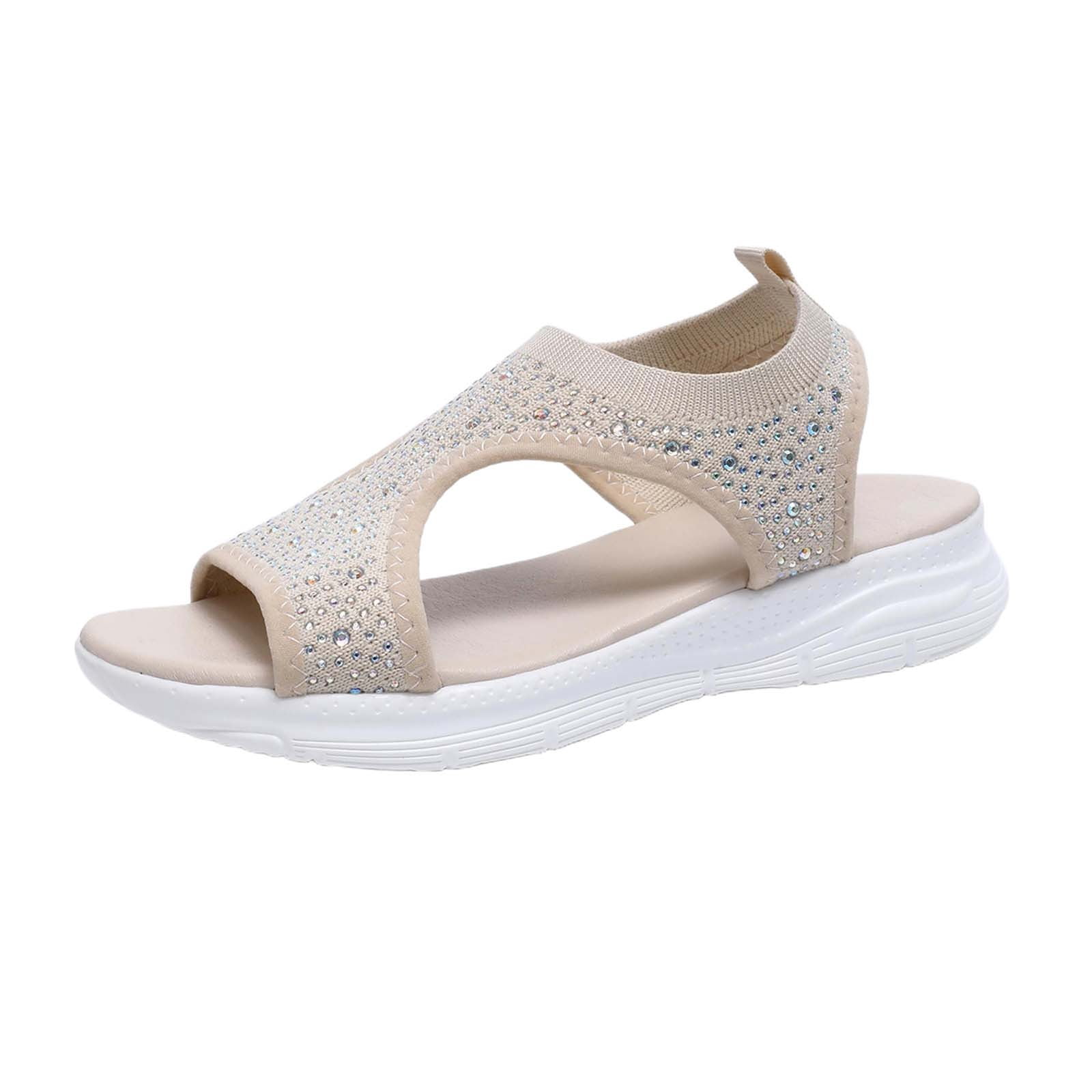 Bibifish Womens Wedge Sandals Open Toe Slingback Knit Rhinestone Thick ...