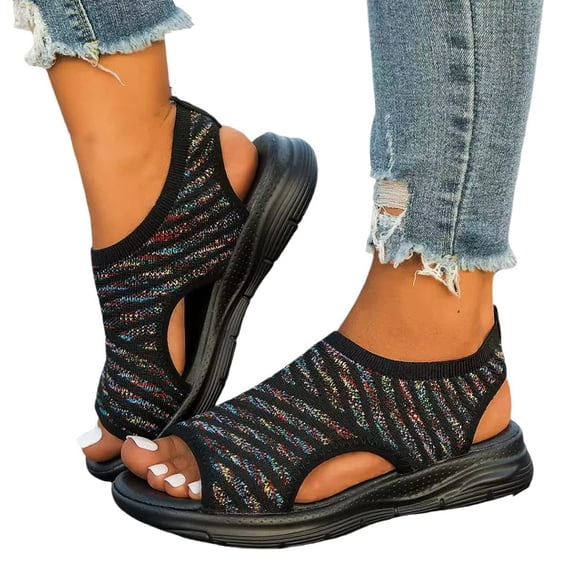 Bibifish Womens Wedge Slide Sandals Open Toe Knit Striped Cutout Slip ...