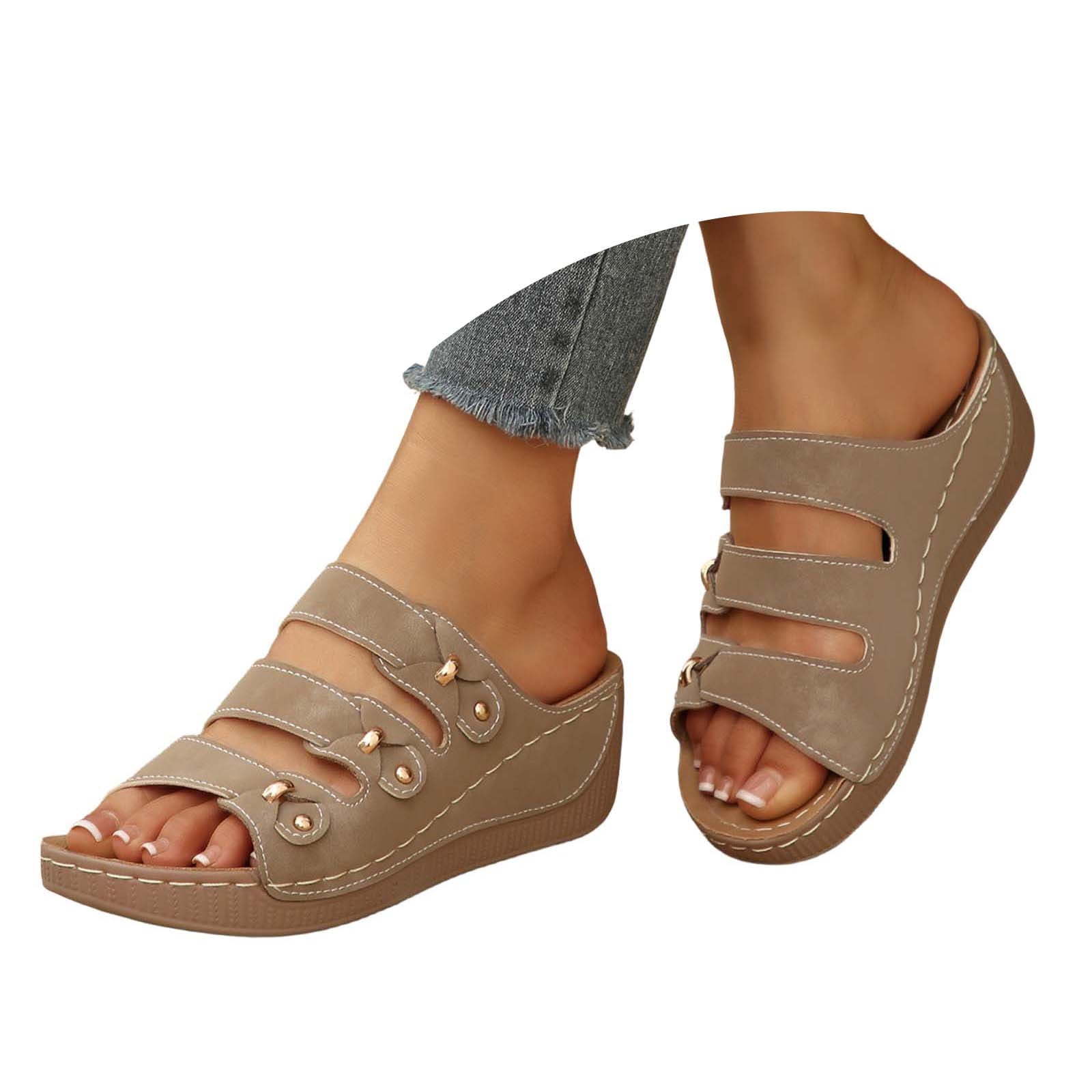 Bibifish Womens Wedge Slide Sandals Vintage Triple Metal Buckle Suede ...