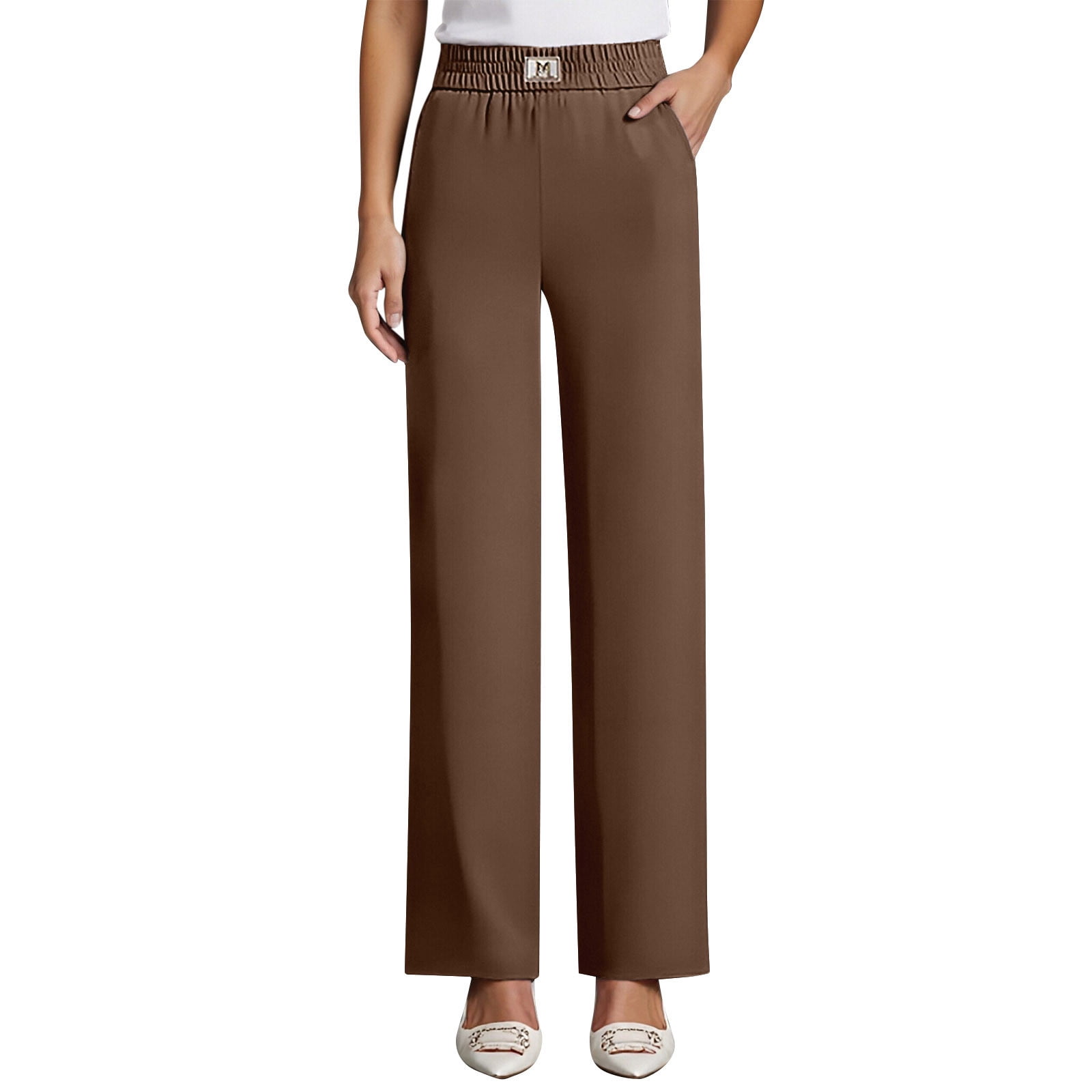 Bibifish Womens Wide-Leg Pants Decorative Buckle Waist Side Pockets ...