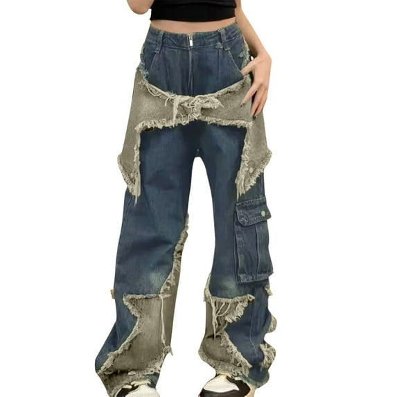 Bibifish Womens Pants Y2K Wide Leg Fading Distressed Edge Star Jeans ...