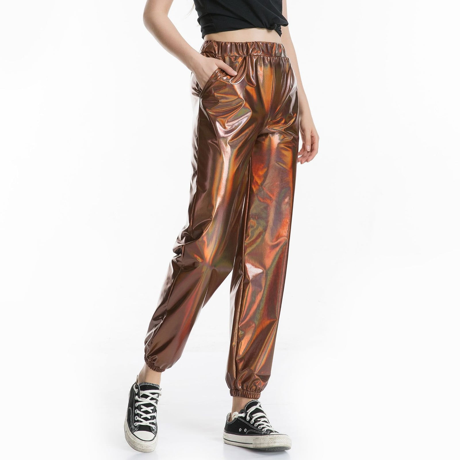 Bibifish Womens pants shiny gradient color ankle straight leg pants ...