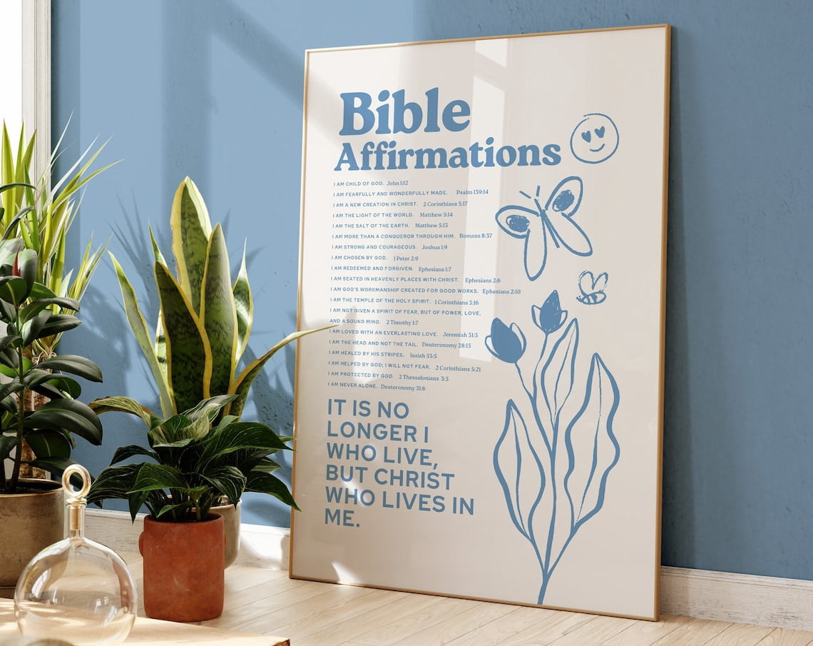 Bible Affirmations Blue Poster For Christian Girl Home Decor For Sunday ...