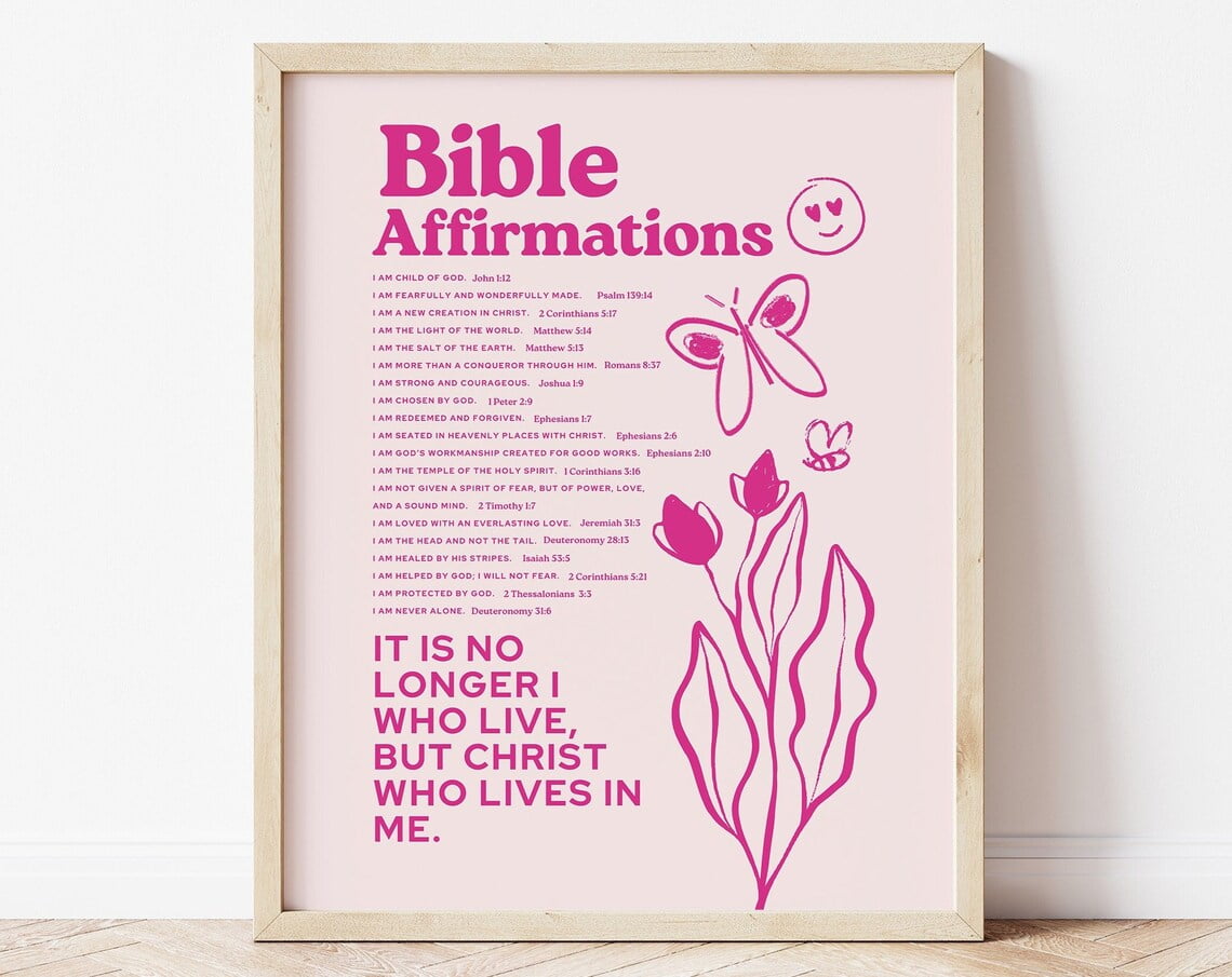 Bible Affirmations Pink Poster For Christian Girl Home Decor For Sunday ...