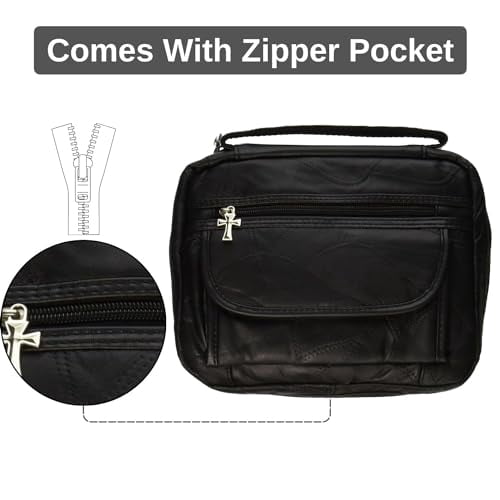 Bible Cover - Genuine Leather - Black - Cross Style Zipper Pulls and ...