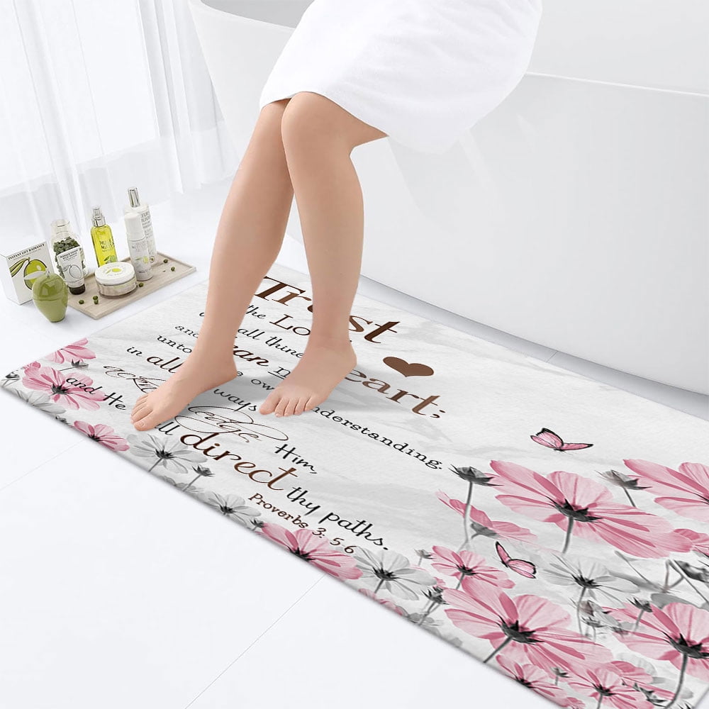 Bible Verse Bathroom Rugs, Blue Floral Daisy Non-Slip Bath Rugs Trust ...