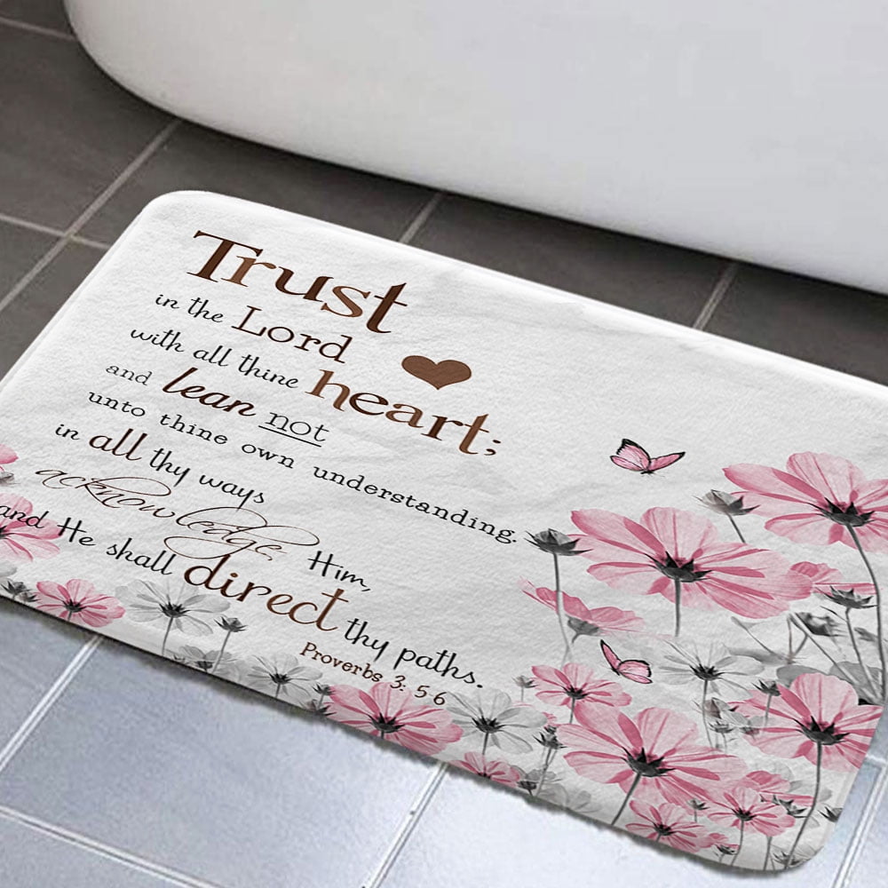 Bible Verse Bathroom Rugs, Blue Floral Daisy Non-Slip Bath Rugs Trust ...
