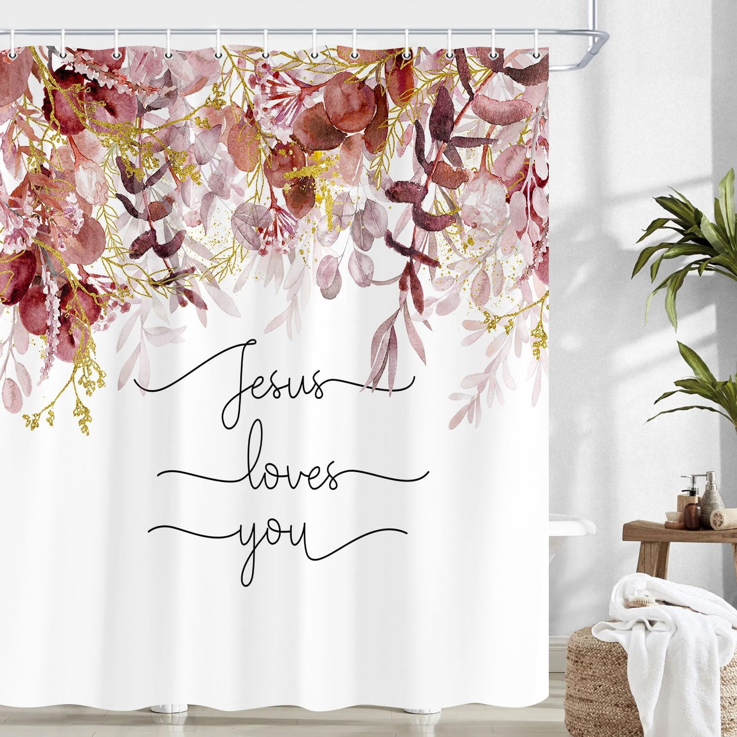 Bible Verse Botanical Shower Curtain Christian Scripture Jesus Loves ...