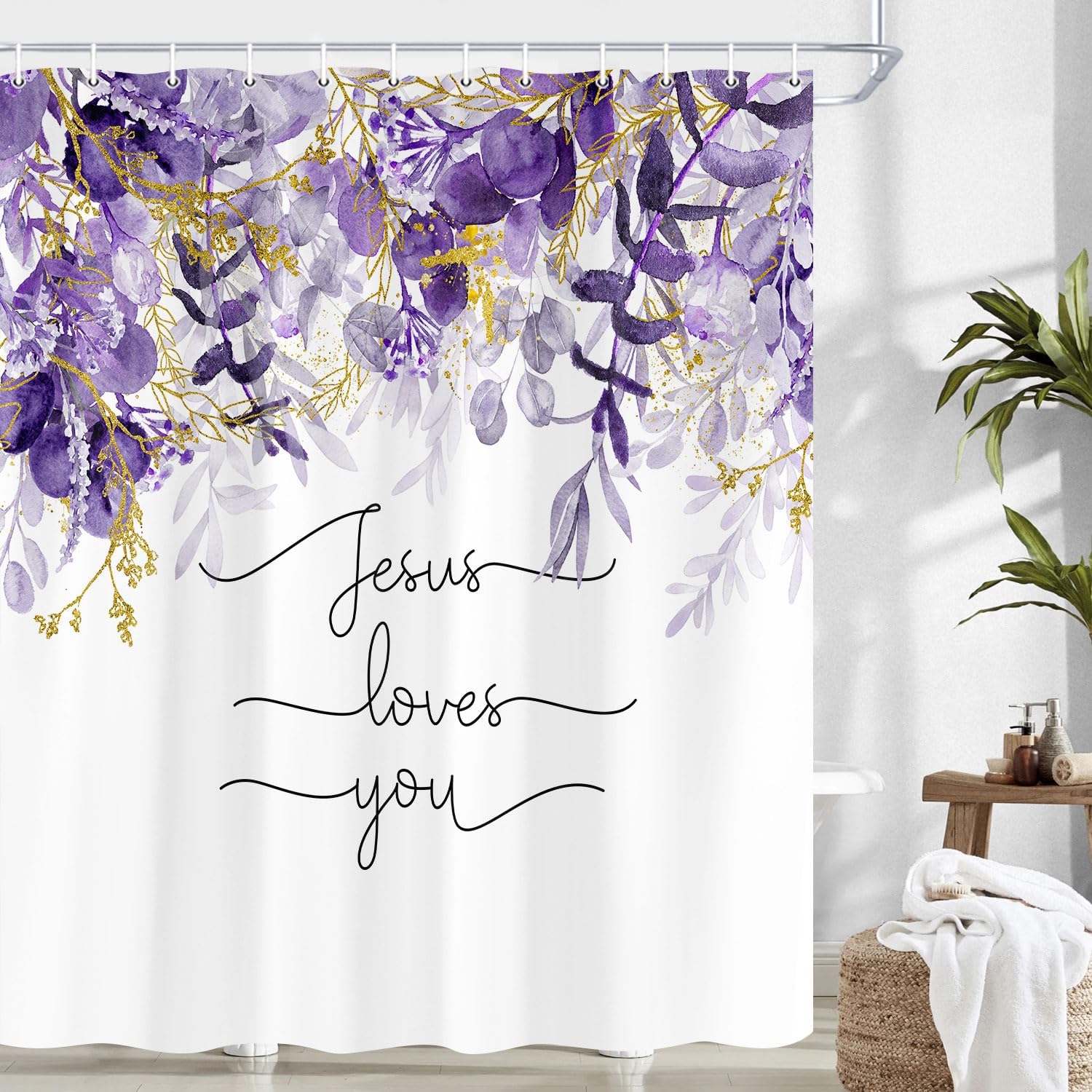 Bible Verse Botanical Shower Curtain Christian Scripture Jesus Loves ...