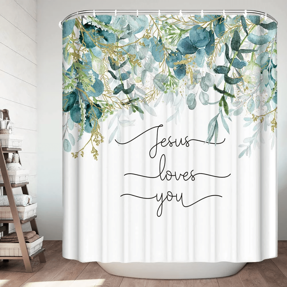 Bible Verse Botanical Shower Curtain, Christian Scripture Jesus Loves ...