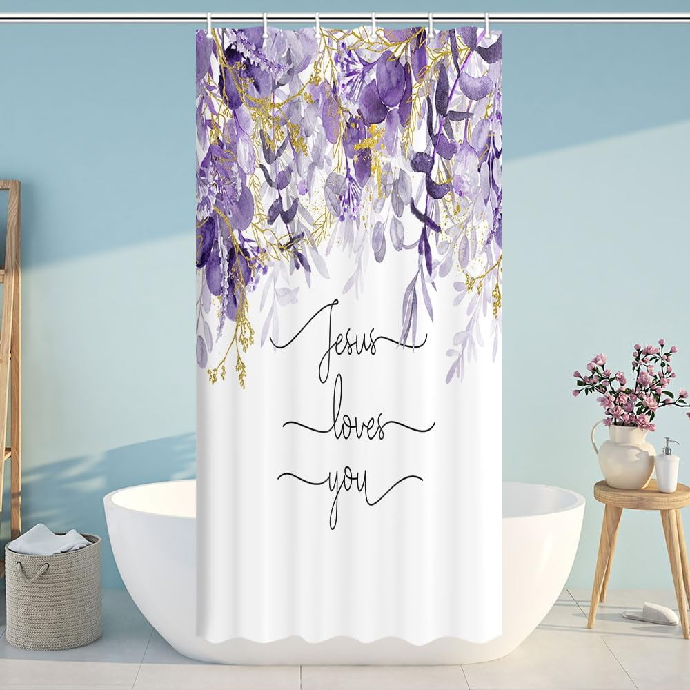 Bible Verse Botanical Shower Curtain Christian Scripture Jesus Loves ...