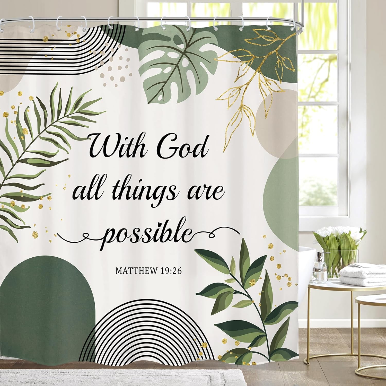 Bible Verse Christain Shower Curtain 72"W x 72"LSage Green Boho Modern ...