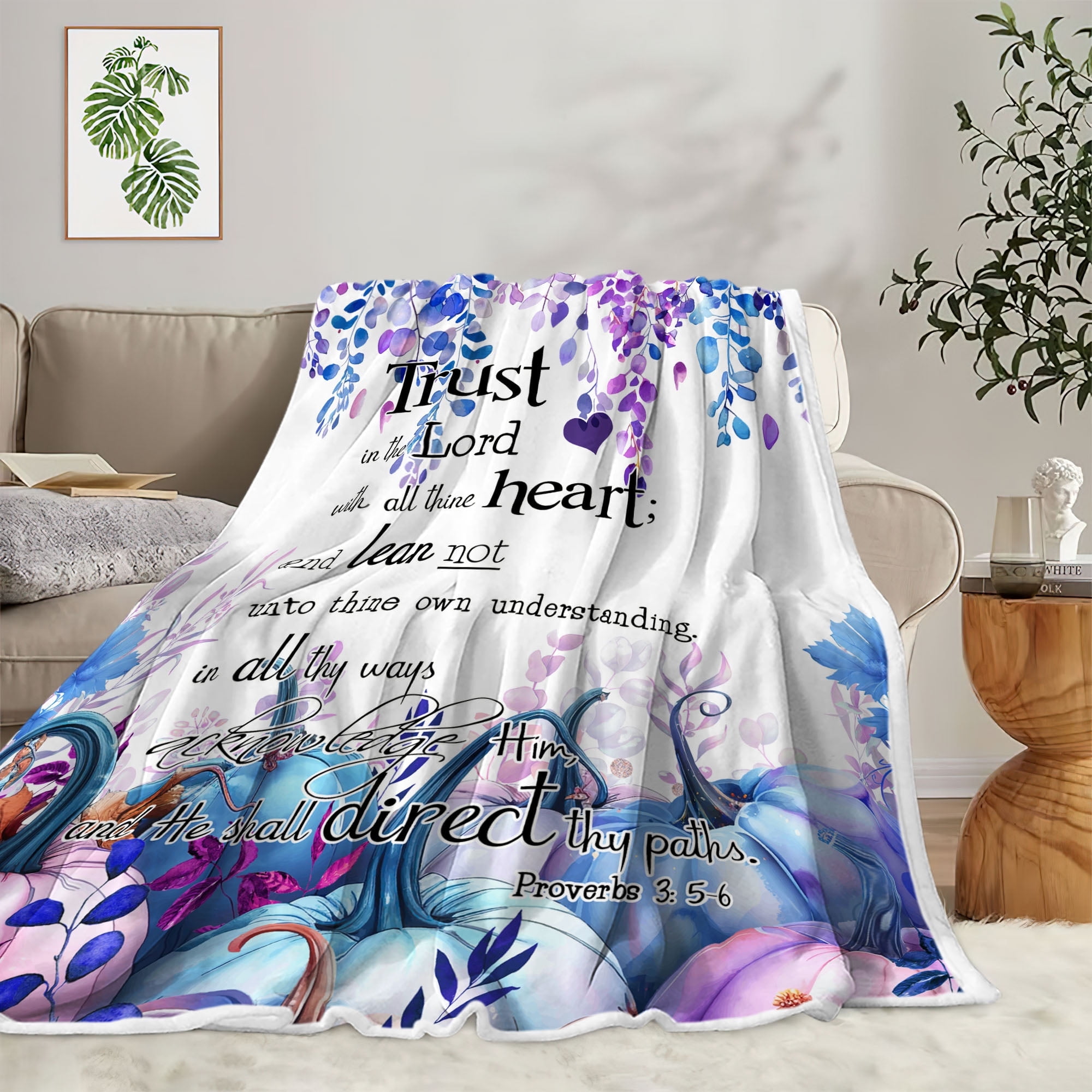 Bible Verse Fall Throw Blanket, Autumn Thanksgiving Harvest Purple ...