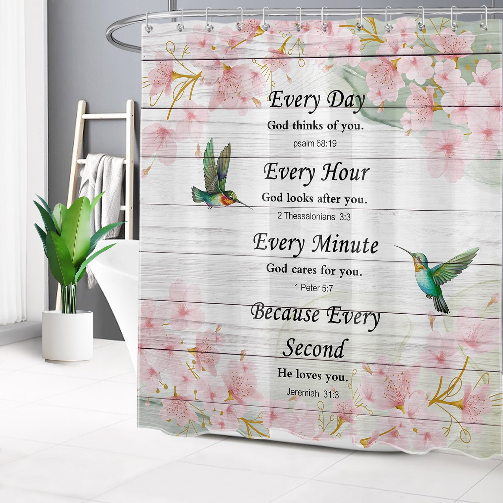 Bible Verse Floral Shower Curtain Pink Flower and Hummingbird on Wood ...