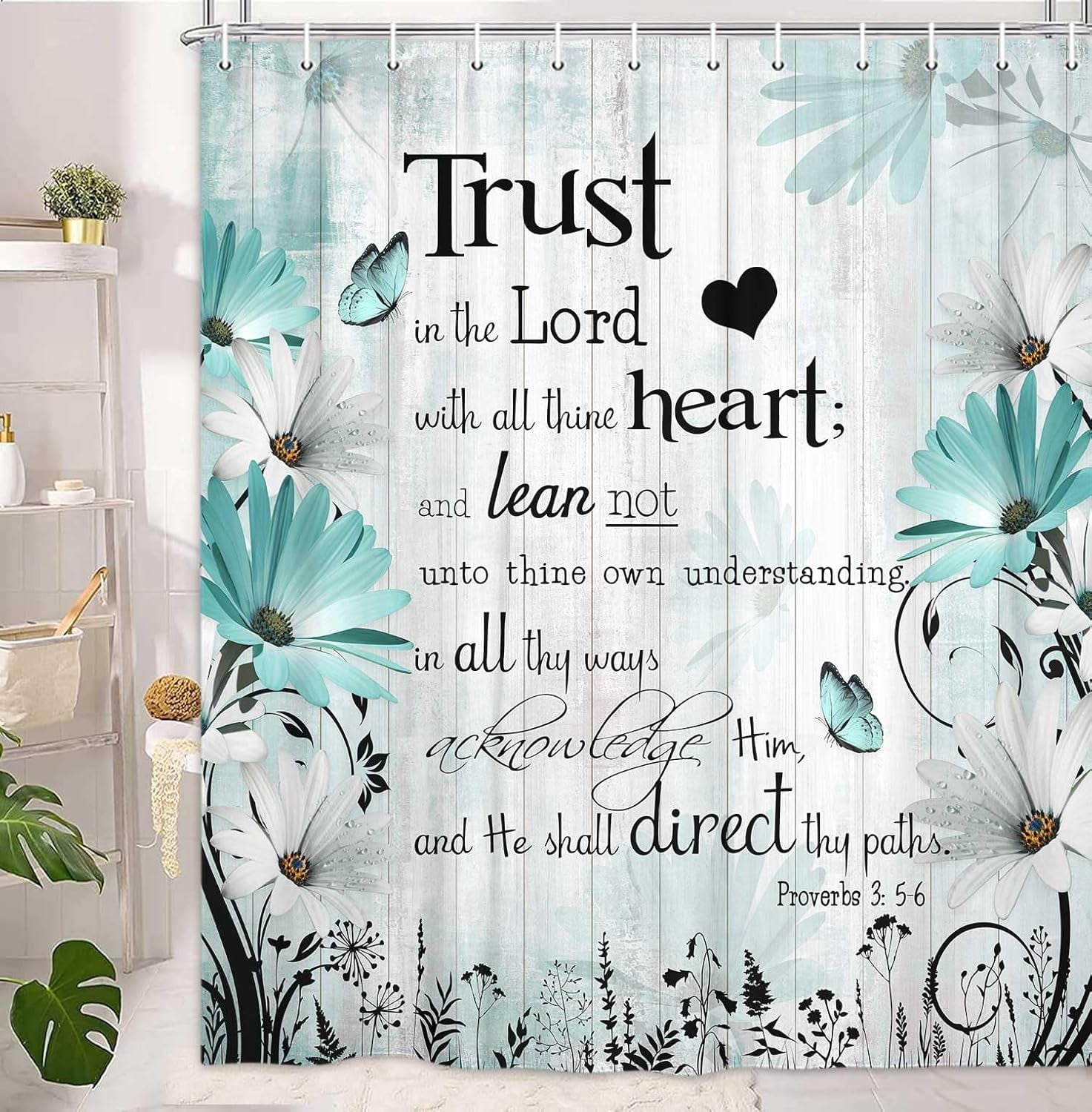 Bible Verse Inspirational Quote Shower Curtain, Green Floral Daisy ...